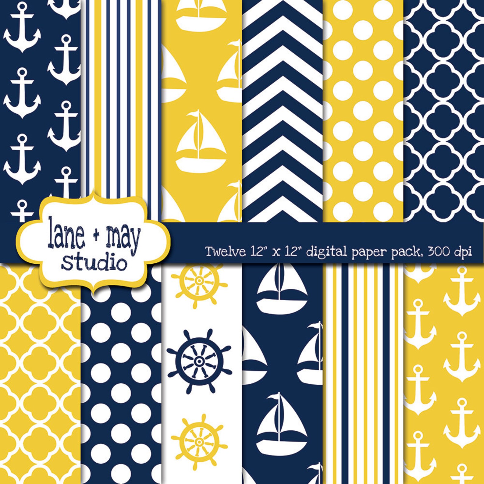 Digital Scrapbook Papers - Yellow and Navy Blue Nautical - INSTANT ...