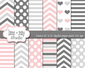 Digital Scrapbook Papers Pink and Gray Elephant Patterns | Etsy