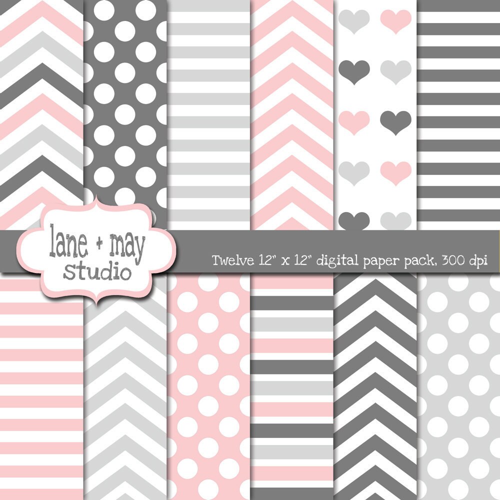 Digital Scrapbook Papers Pink and Gray Stripe, Chevron and Polka Dot ...