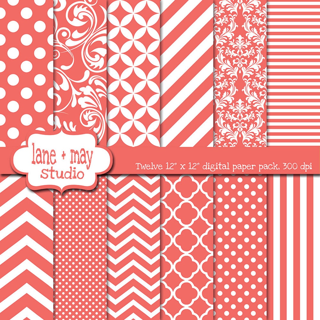 Digital Scrapbook Papers - Coral Pink and White Patterns - Variety Pack ...