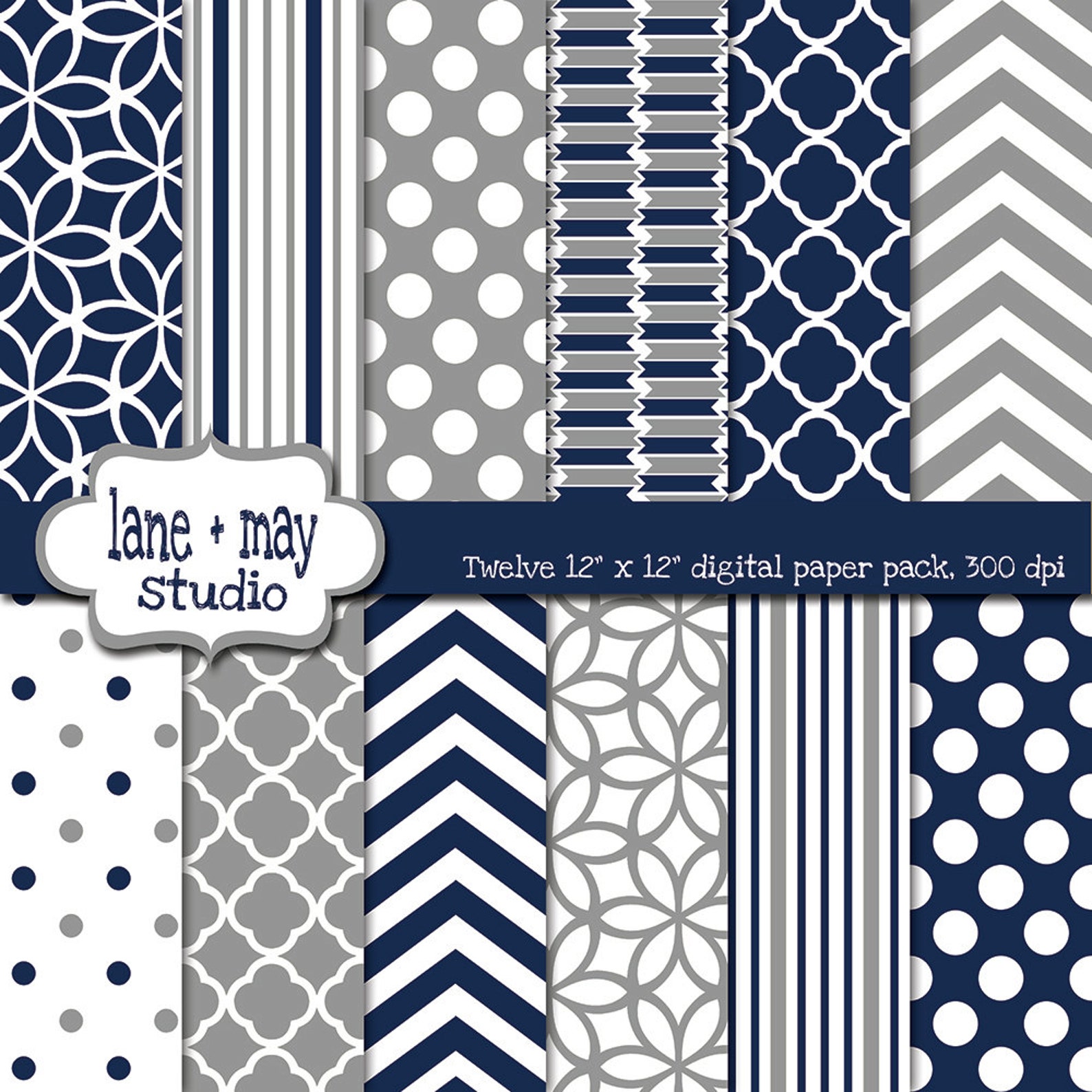 Digital Scrapbook Papers - Navy and Gray / Silver Patterns - INSTANT ...