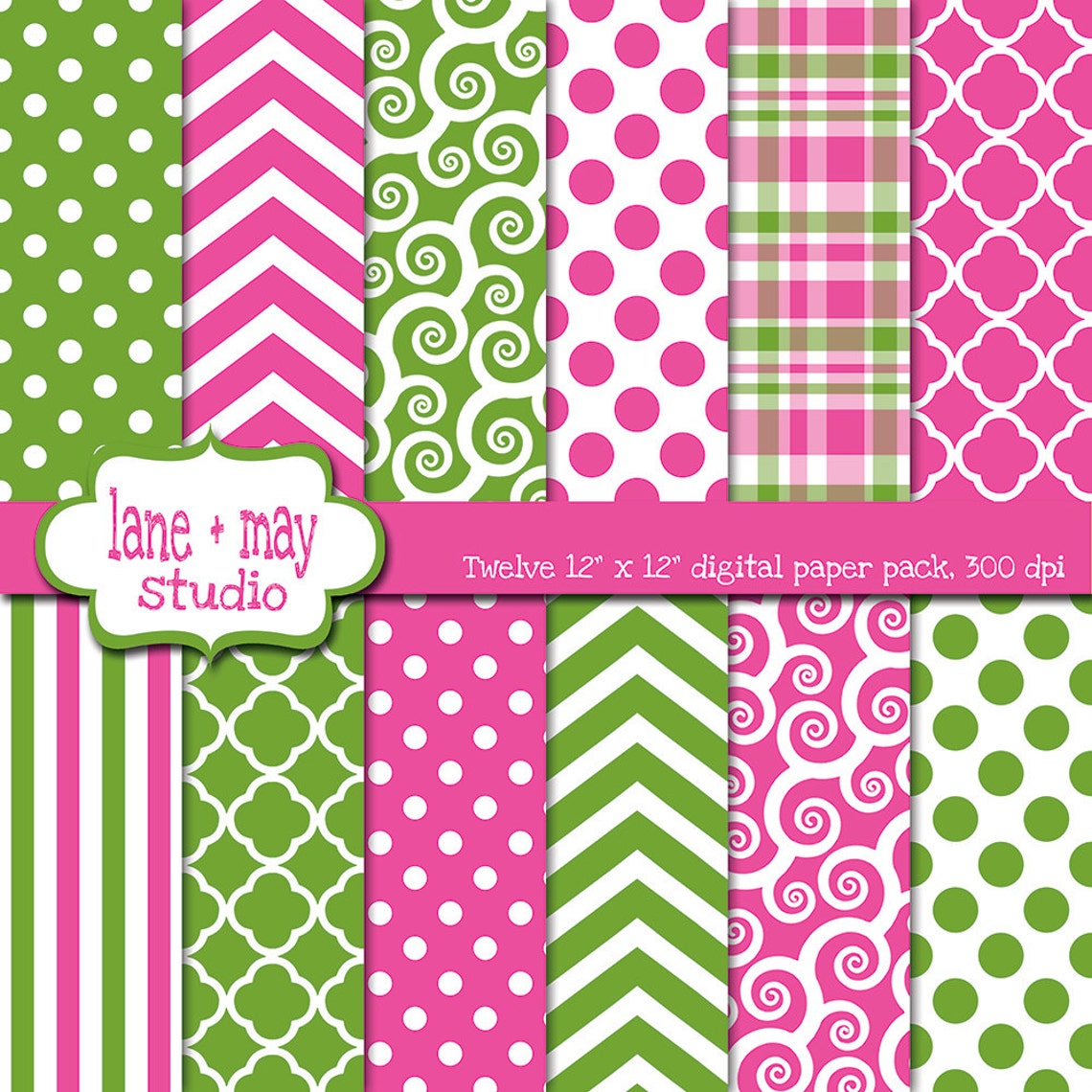 Digital Scrapbook Papers Hot Pink and Green Patterns INSTANT DOWNLOAD ...