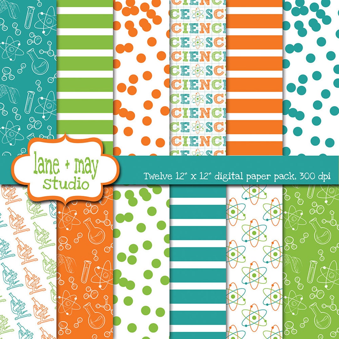 Digital Papers - Science Party Theme Patterns in Orange, Aqua Blue and ...