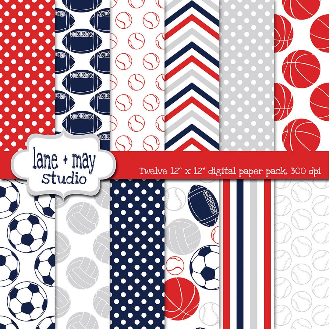 Digital Scrapbook Papers - Navy Blue, Red and Silver Gray Sports Theme ...