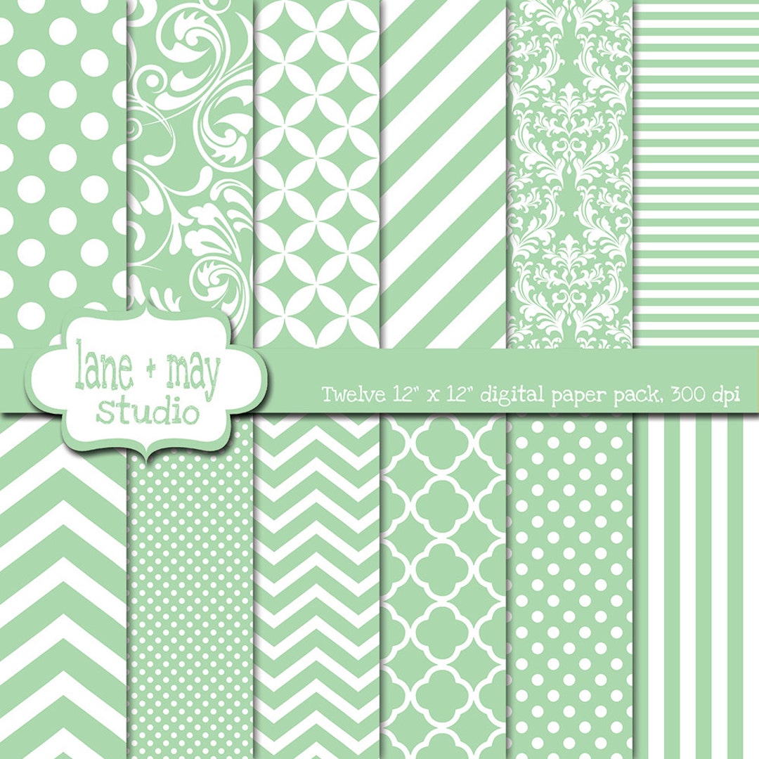 Digital Scrapbook Papers - Mint Green and White Variety Pack - INSTANT ...