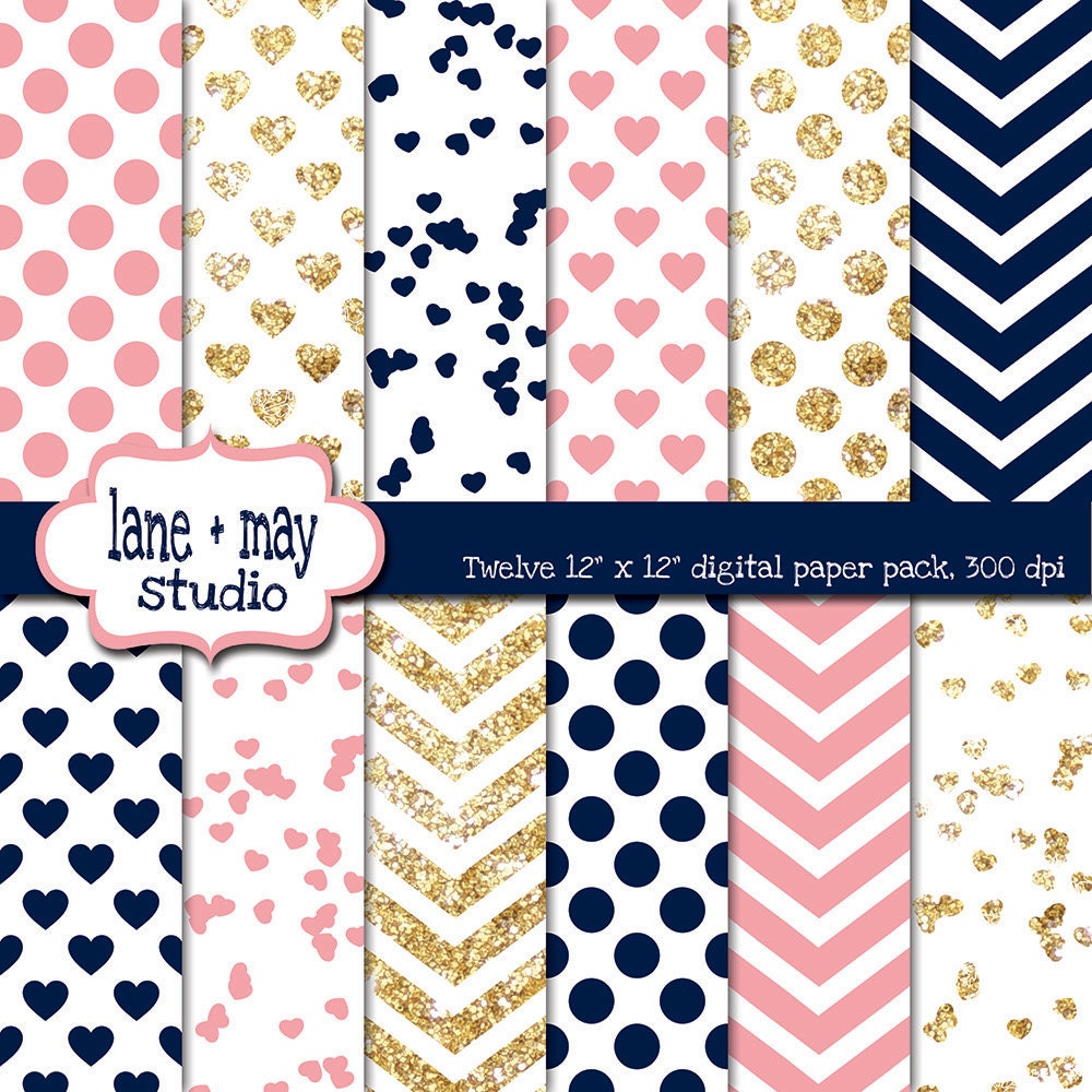 Digital Scrapbook Papers Pink Navy Blue and Glitter Gold - Etsy