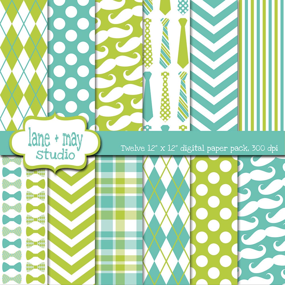 Digital Scrapbook Papers - Aqua Blue and Green Little Man / Mustache ...
