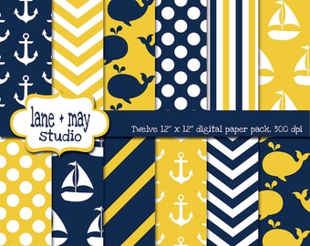 Digital Papers Navy White and Green Nautical / Whale | Etsy