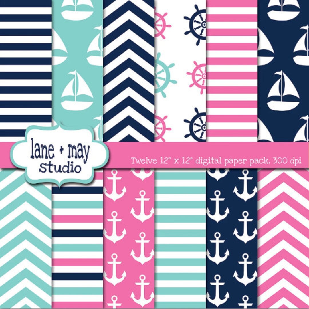 Digital Scrapbook Papers - Pink, Aqua Blue and Navy Nautical Theme ...