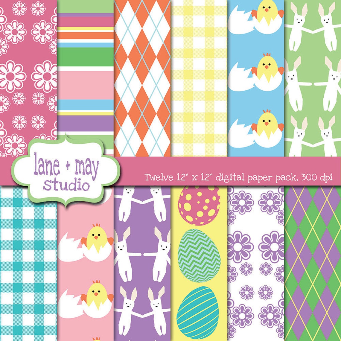 Digital Scrapbook Papers Bright and Vibrant Easter Bunny | Etsy