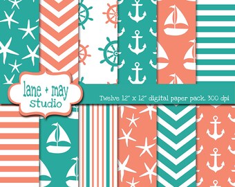 Digital Scrapbook Papers Navy Pink and Green Nautical / | Etsy
