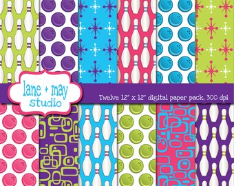 Digital Papers Blue Orange and Green Retro Bowling Theme | Etsy