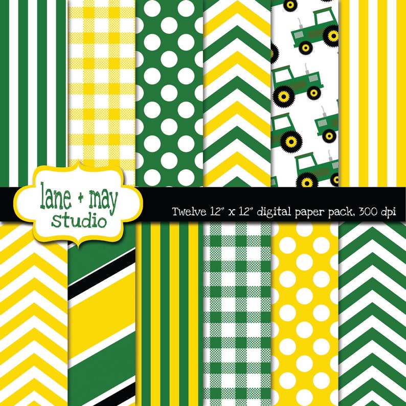 Digital Scrapbook Papers - Green and Yellow Tractor Theme - INSTANT ...
