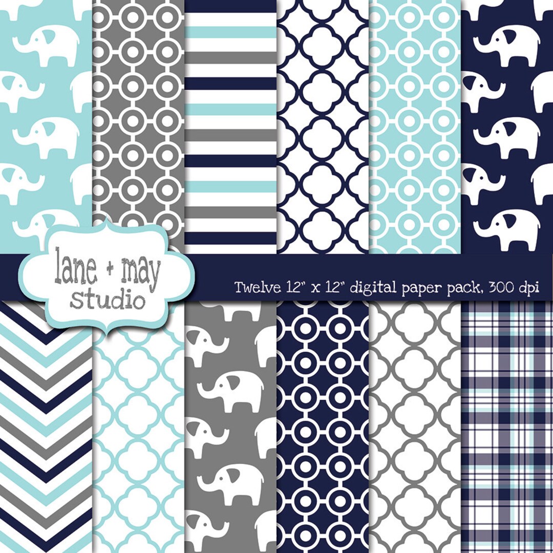 Digital Papers - Elephant Theme Patterns - Aqua, Navy Blue and Gray ...