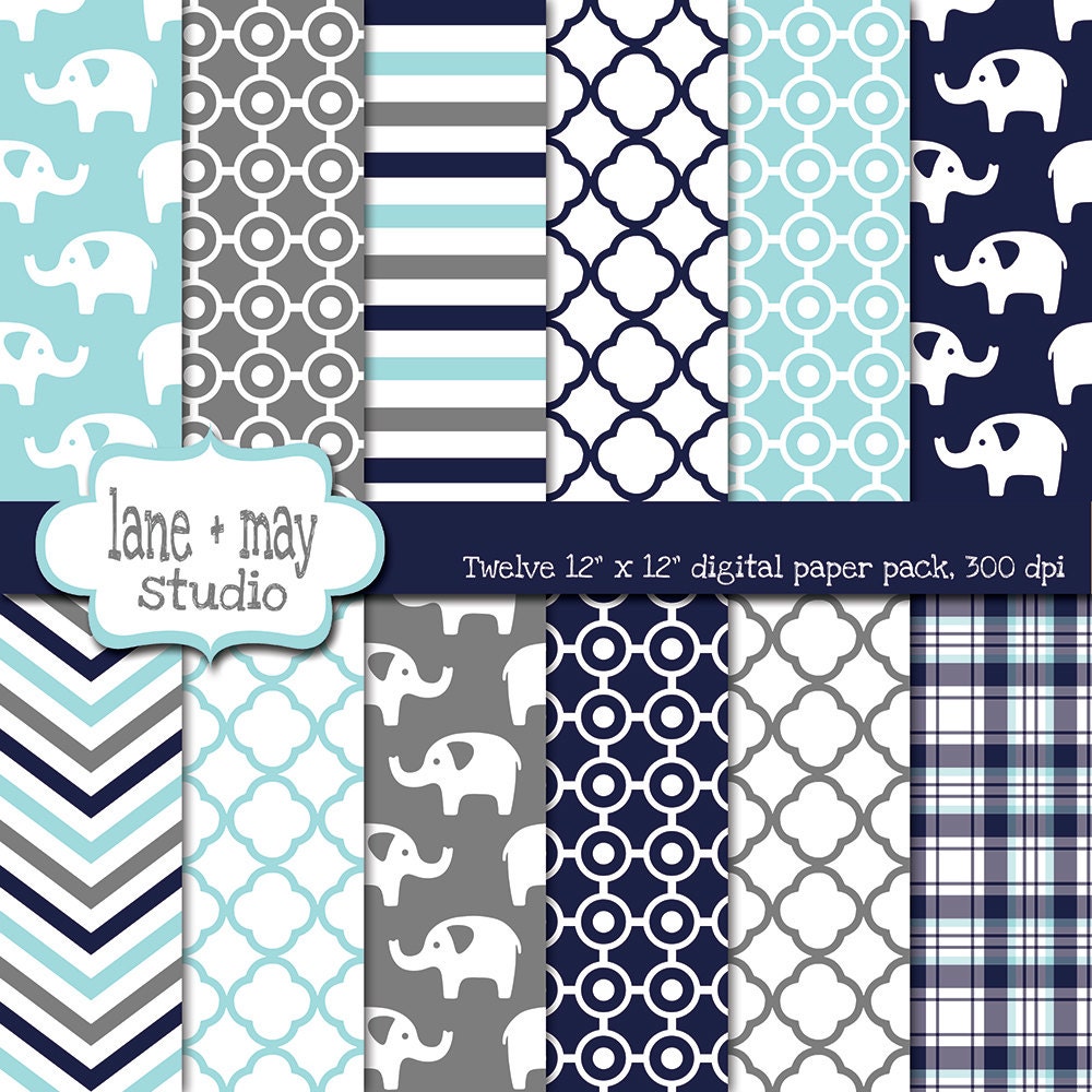 Digital Papers - Elephant Theme Patterns - Aqua, Navy Blue and Gray ...