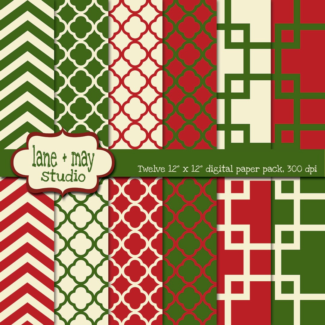 Digital Papers - Red, Green and Cream Geometric Christmas Patterns ...