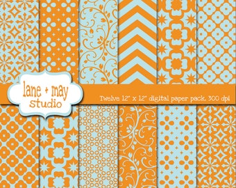 Digital Scrapbook Papers Tangerine Orange Aqua and | Etsy