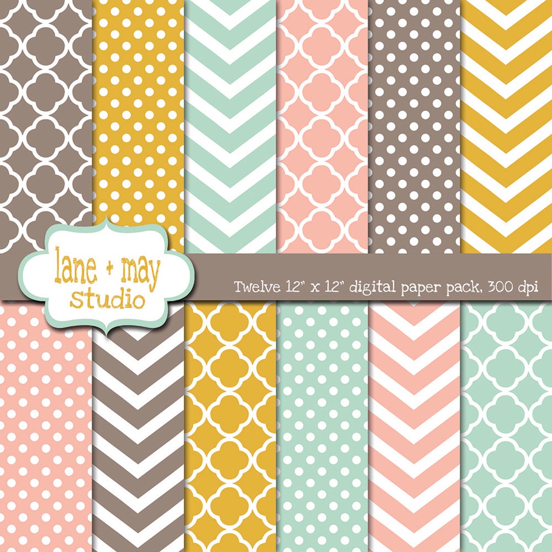 Digital Scrapbook Papers - Coral Pink, Mint Green, Mustard Yellow and ...