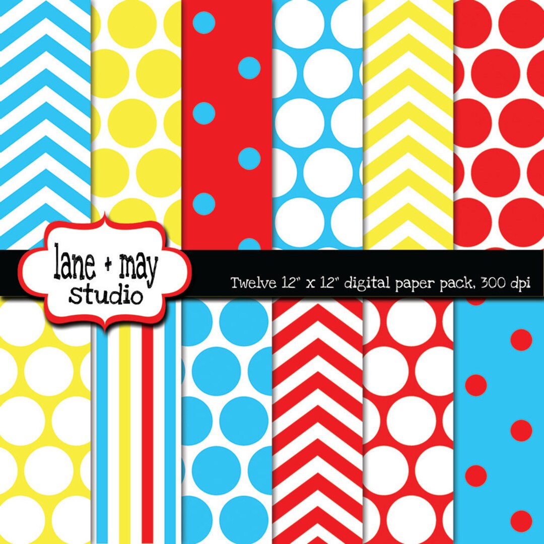Digital Papers - Red, Blue and Yellow Chevron, Polka Dot and Stripe ...
