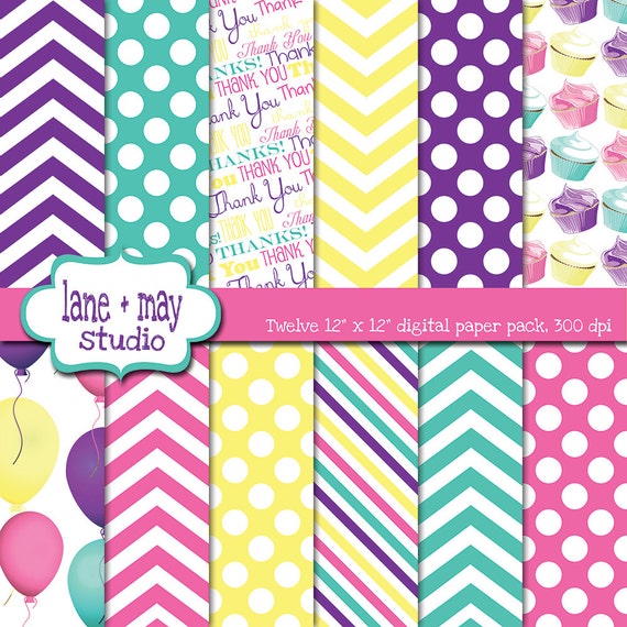 Digital Scrapbook Papers Pink Purple Aqua and Yellow | Etsy