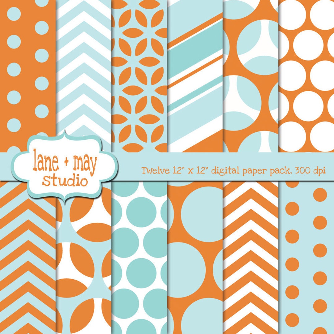 Digital Scrapbook Papers - Tangerine Orange and Aqua Blue Patterns ...
