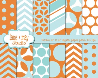 Digital Scrapbook Papers Tangerine Orange and Aqua Blue | Etsy