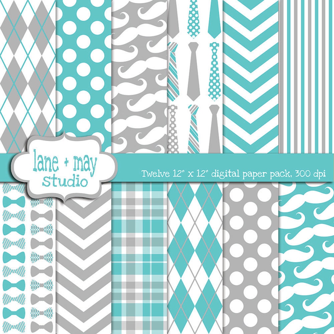 Digital Scrapbook Papers - Aqua Blue Green and Gray Little Man ...