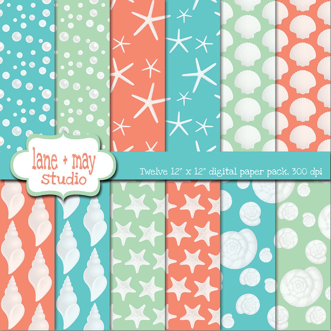 Digital Scrapbook Papers - Aqua, Sea Glass and Coral Seashell Themed ...
