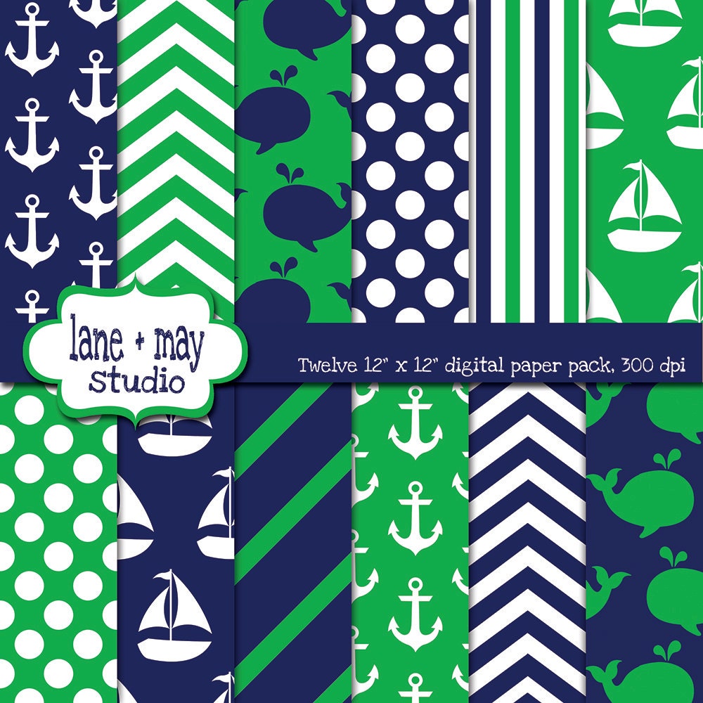 Digital Papers - Navy, White and Green Nautical / Whale Patterns ...