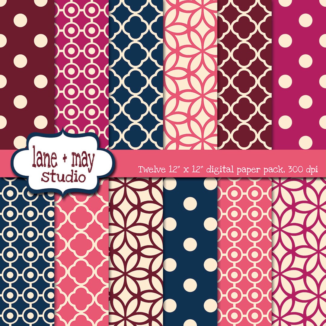 Digital Scrapbook Papers - Navy Blue, Mauve and Pink Quatrefoil, Polka ...