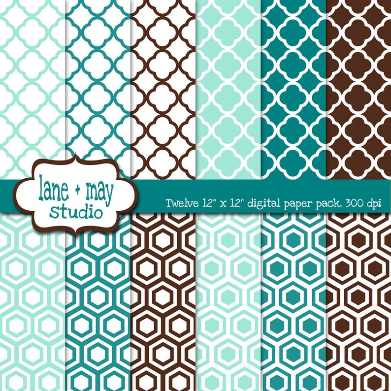 Digital Papers Aqua Green and Chocolate Brown Quatrefoil and - Etsy