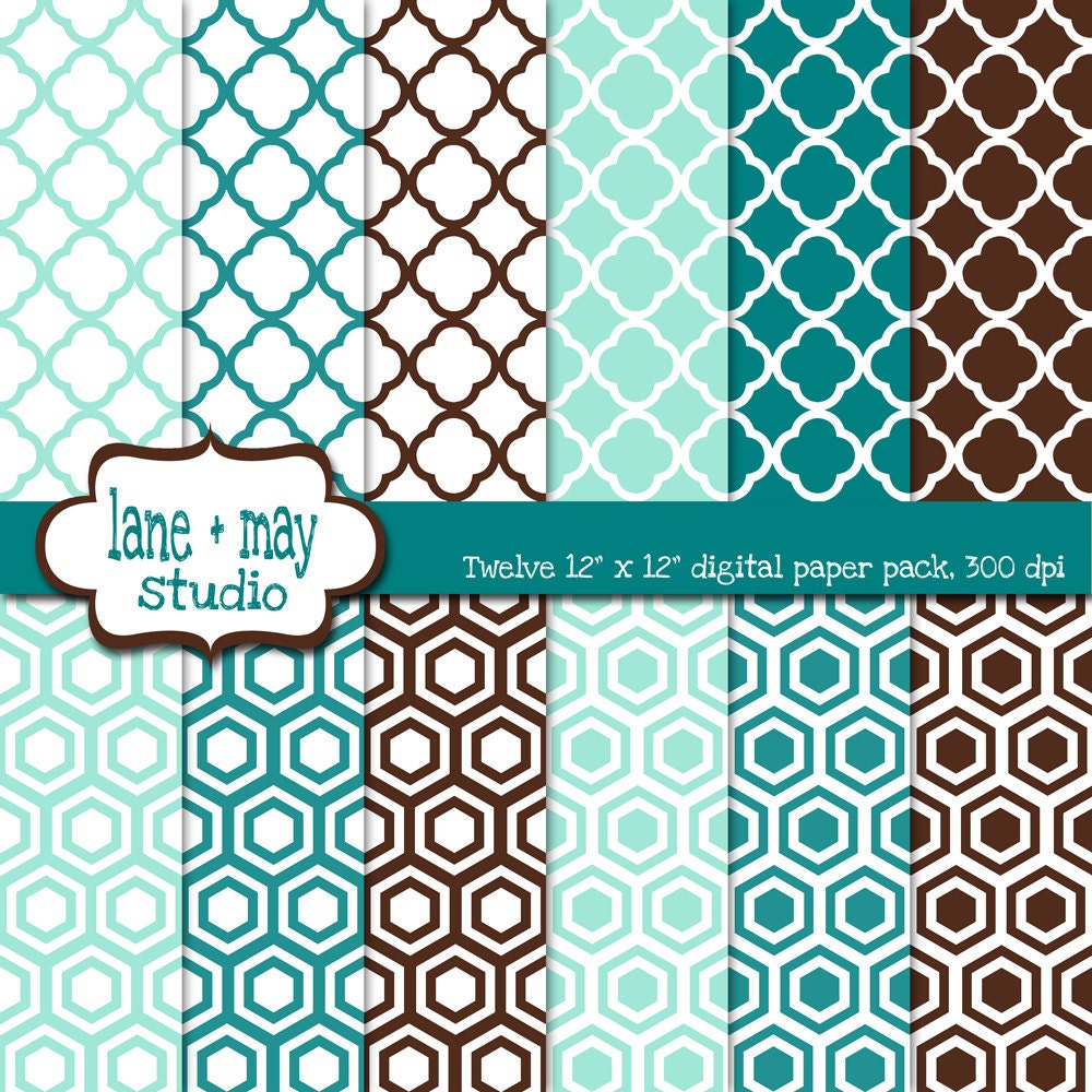 Digital Papers Aqua Green and Chocolate Brown Quatrefoil and - Etsy