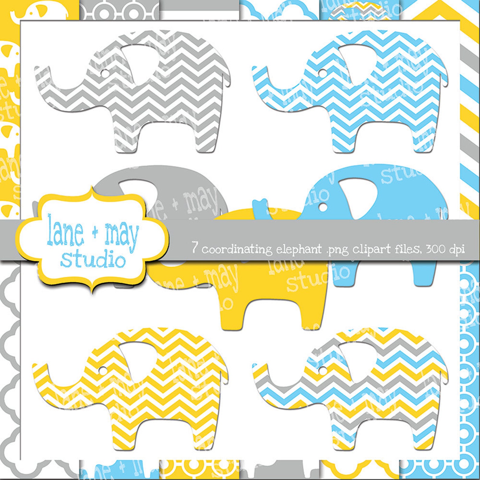 Yellow, Blue and Gray Elephant Themed Digital Scrapbook Clipart INSTANT ...