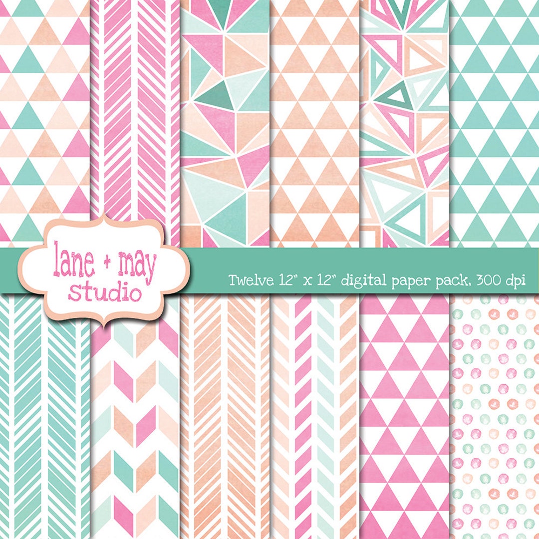 Digital Scrapbook Papers - Pink, Mint Green and Peach Watercolor ...