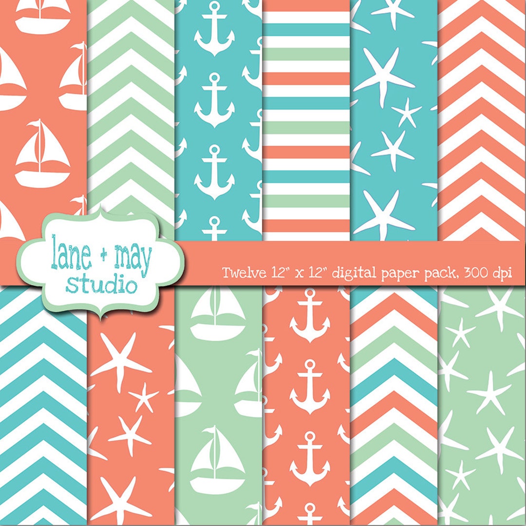 Digital Scrapbook Papers - Aqua, Sea Glass and Coral Nautical Themed ...