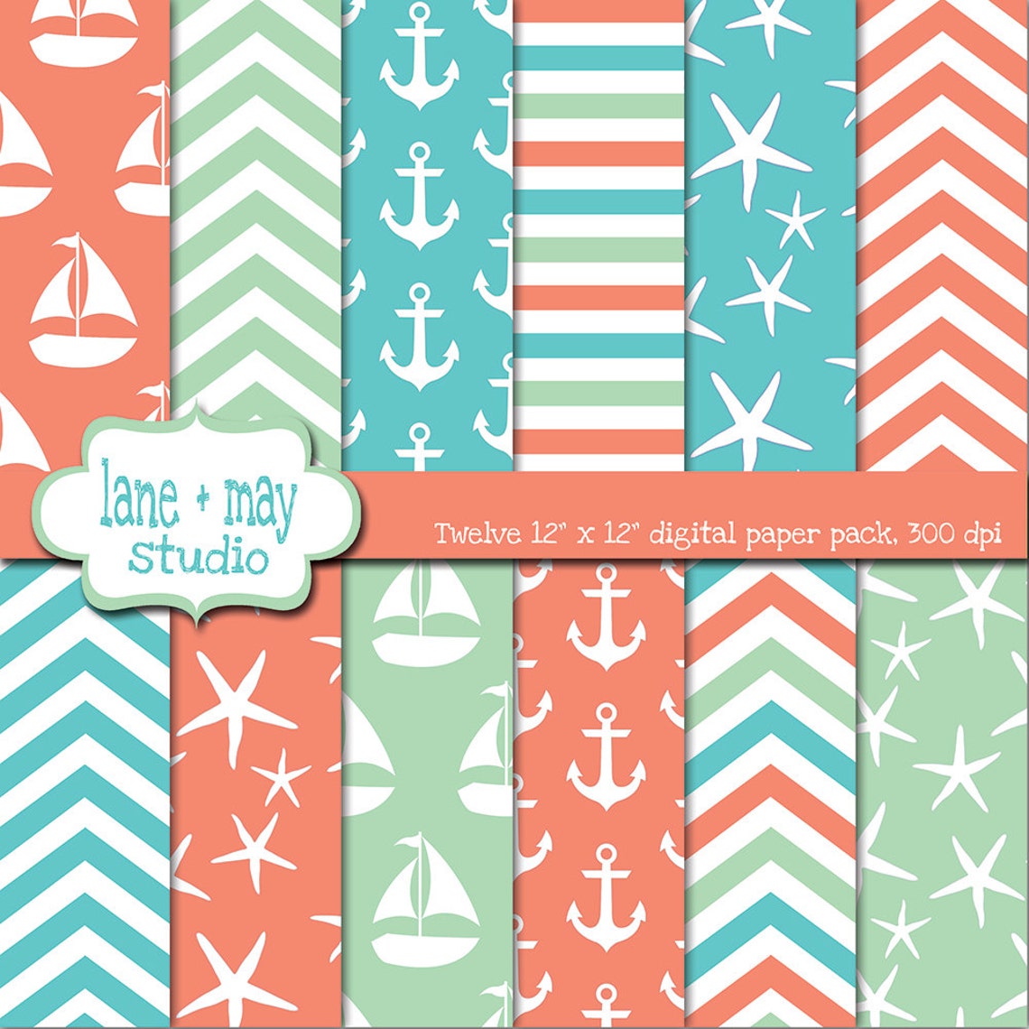 Digital Scrapbook Papers - Aqua, Sea Glass and Coral Nautical Themed ...