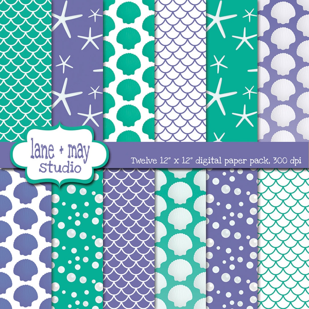 Digital Papers - Mermaid Theme Patterns - Aqua Green and Purple ...