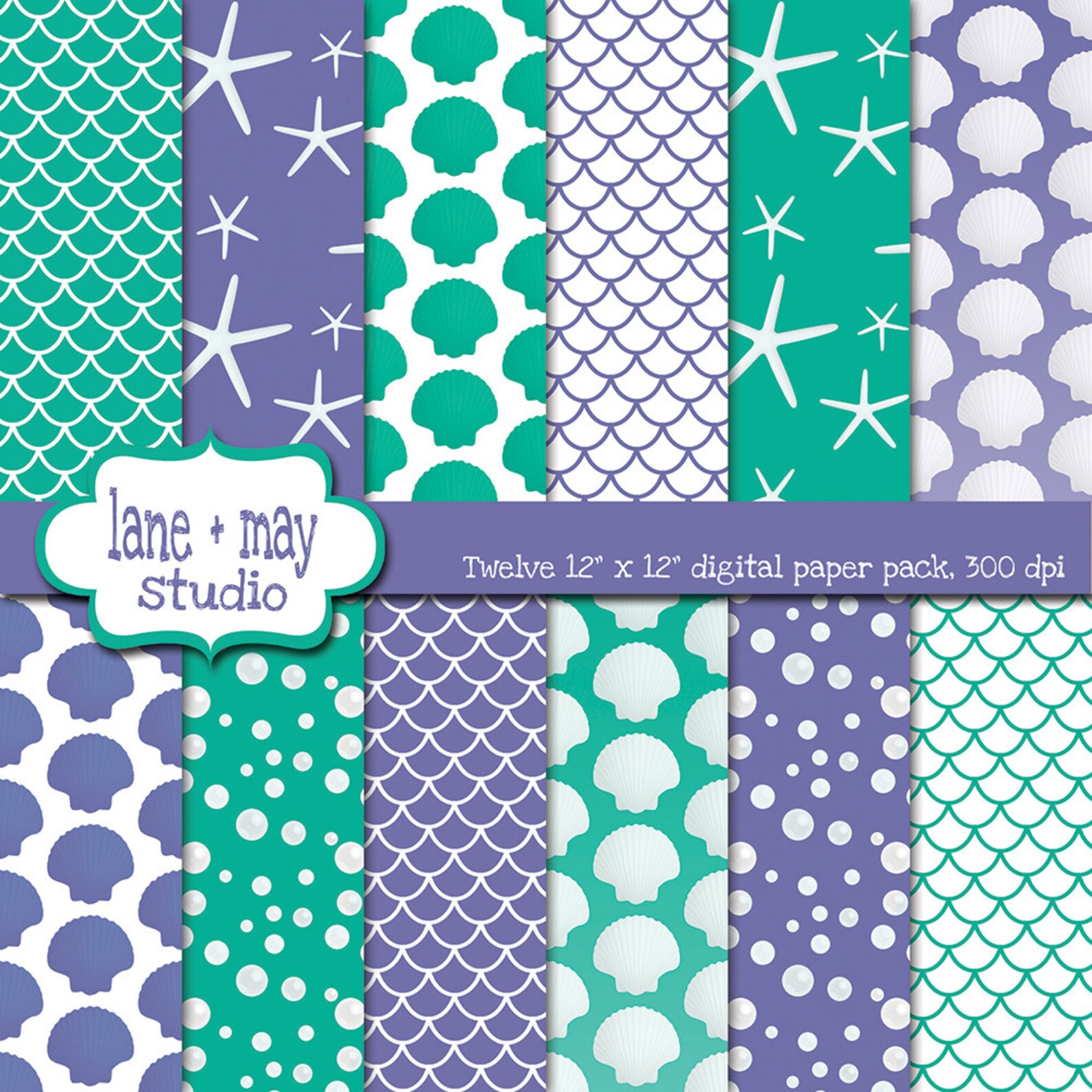 Digital Papers Mermaid Theme Patterns Aqua Green and - Etsy