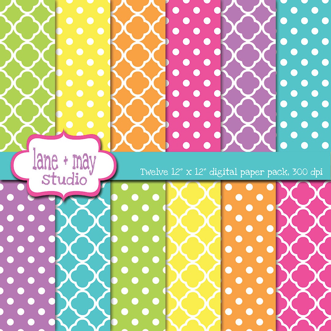 Digital Scrapbook Papers - Rainbow Quatrefoil and Polka Dot - INSTANT ...
