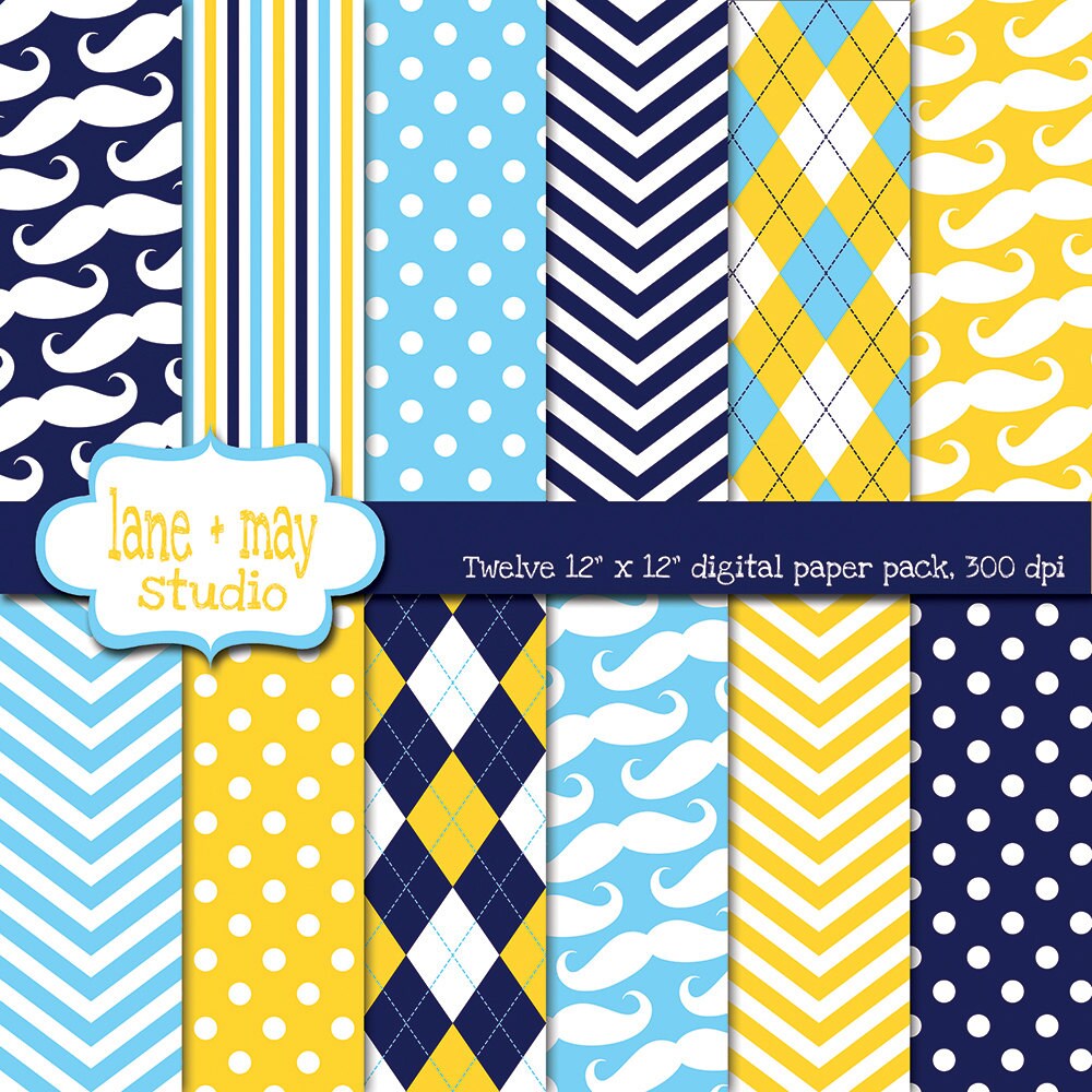 Digital Papers - Little Man / Mustache Theme Patterns in Navy, Blue and ...