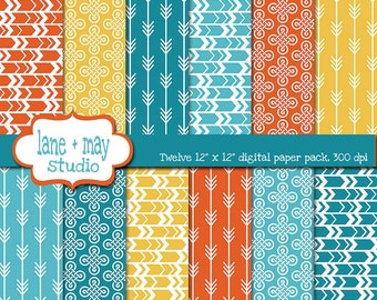 Digital scrapbook papers teal blue orange and yellow arrow | Etsy