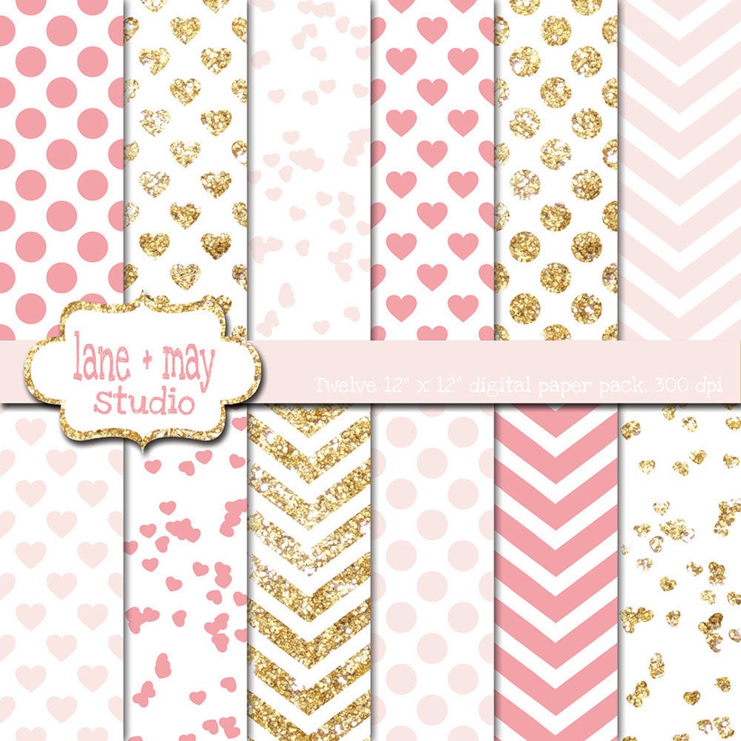 Digital Scrapbook Papers - Pale Pink, White and Glitter Gold Chevron ...