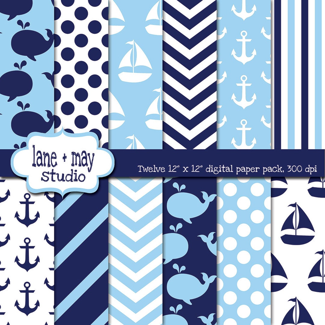 Digital Scrapbook Papers - Navy, White, and Baby Blue Nautical / Whale ...