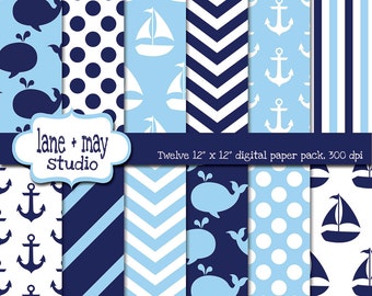 Digital Papers Navy White and Green Nautical / Whale | Etsy