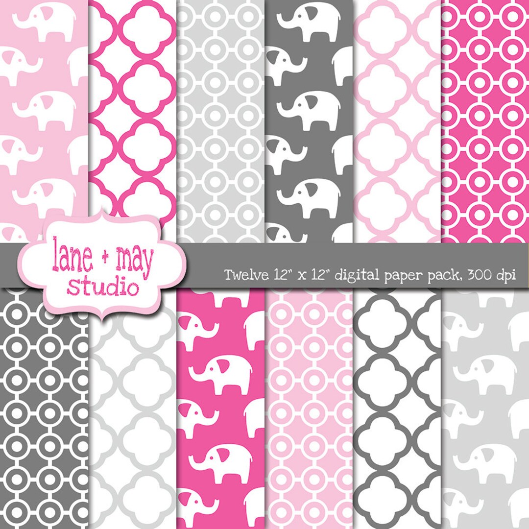 Digital Scrapbook Papers - Hot Pink, Light Pink and Gray Elephants ...