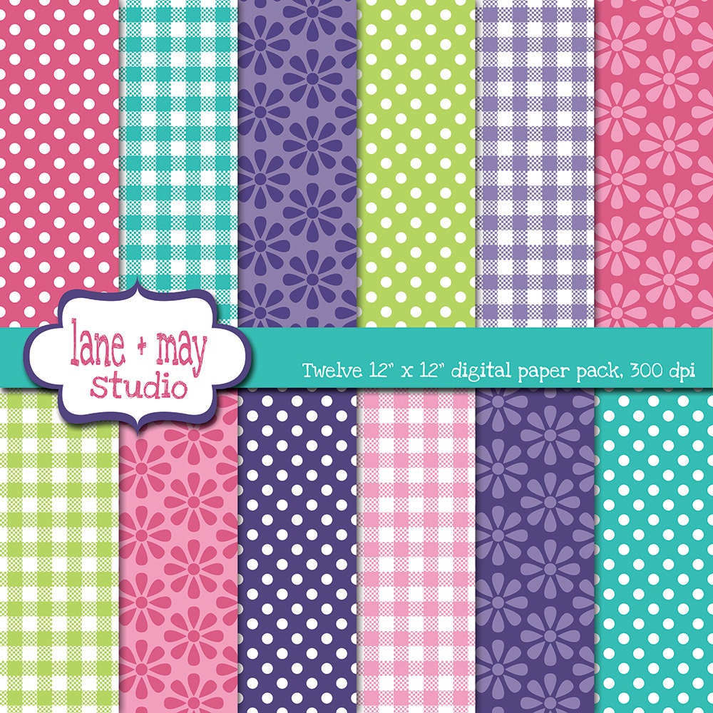 Digital Scrapbook Papers - Pink, Purple, Aqua and Green Gingham ...