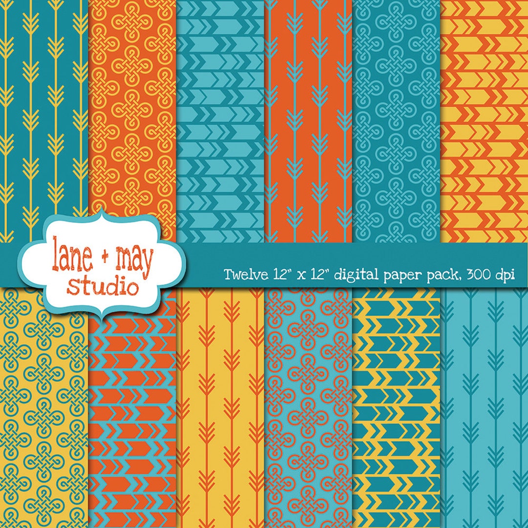 Digital Scrapbook Papers - Teal Blue, Orange and Yellow, Arrow and ...
