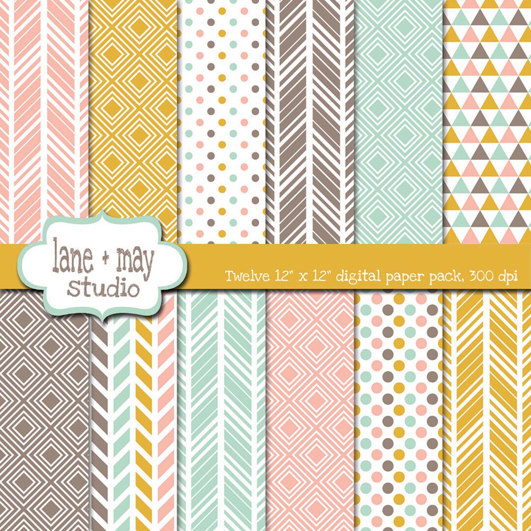 Digital Scrapbook Papers - Coral Pink, Mint Green, Mustard Yellow and ...