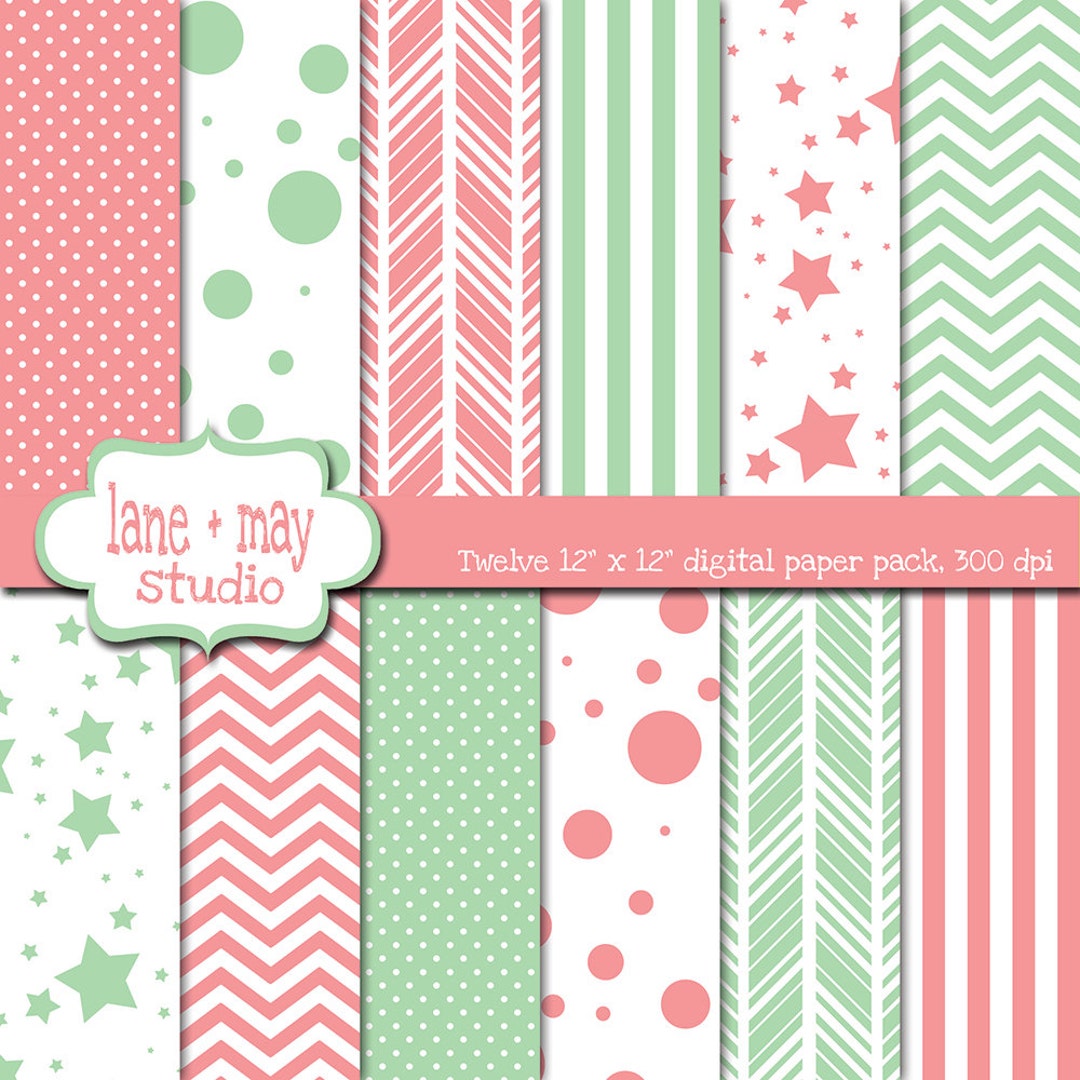Digital Scrapbook Papers - Pink and Mint Green Patterns - INSTANT ...
