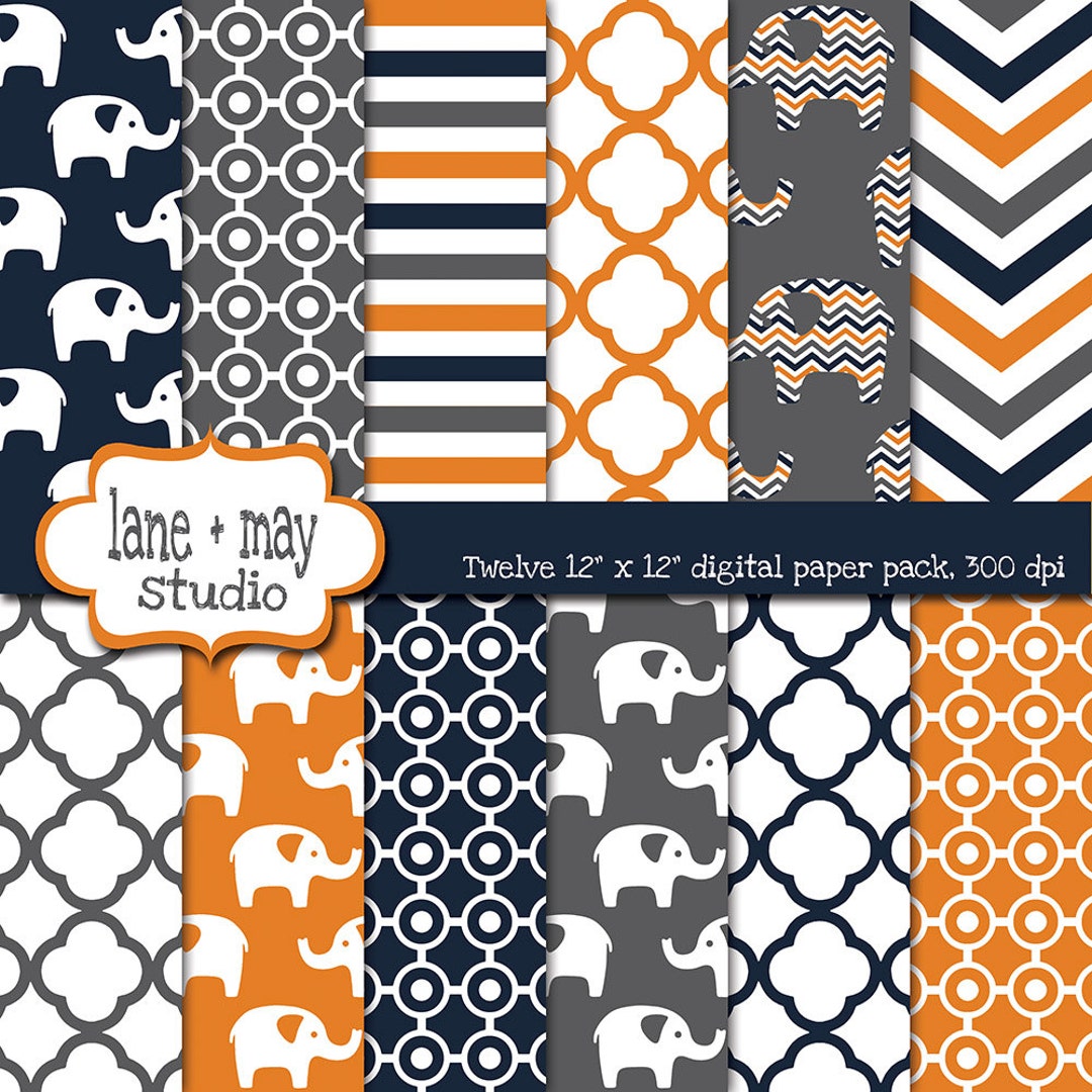 Digital Scrapbook Papers - Orange, Navy Blue and Gray Elephant ...